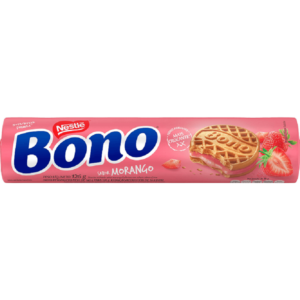BISCOITO BONO RECHEADO SABOR MORANGO 126G - docesvaz