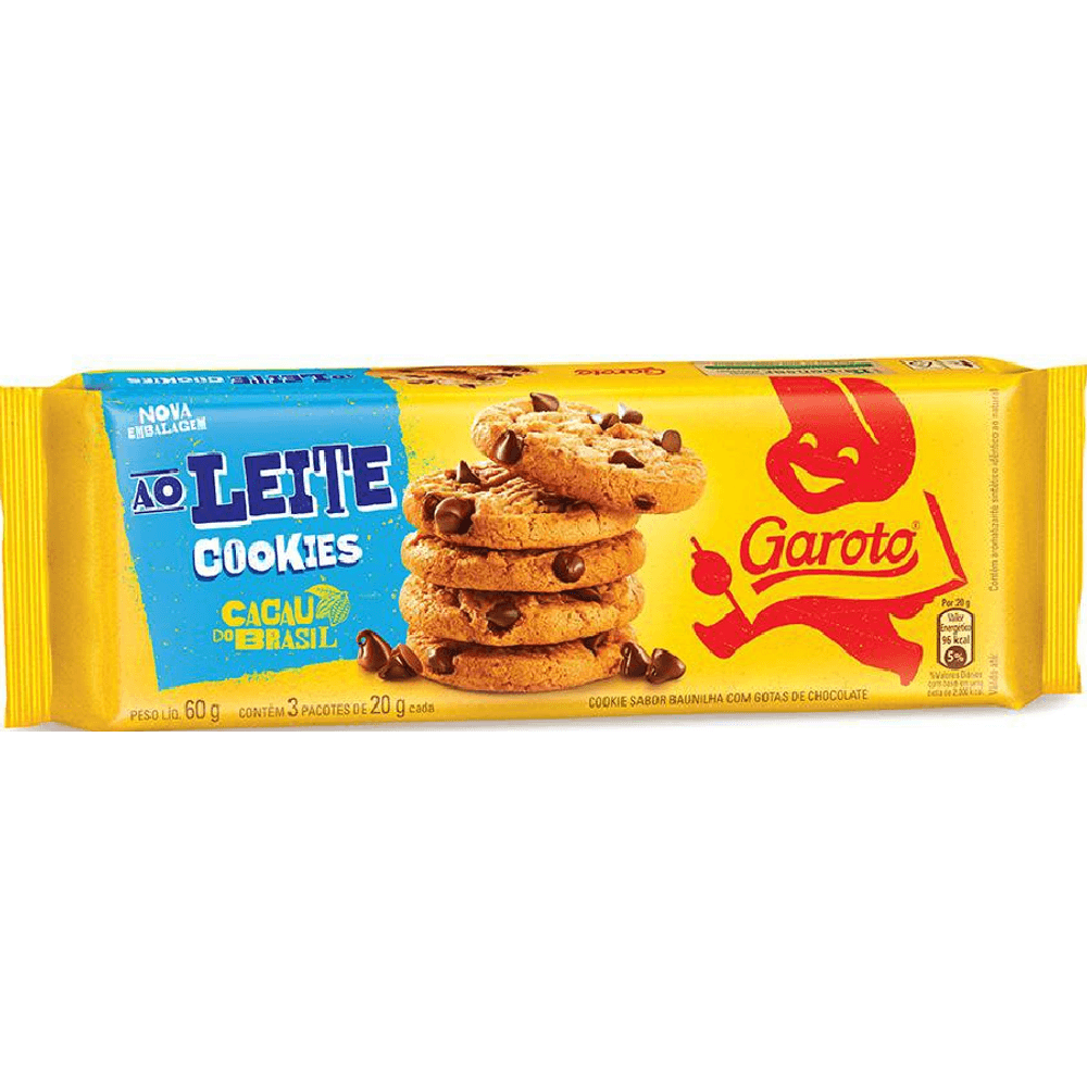 BISCOITO GAROTO COOKIE 60G CONTEM 3 PACOTES COM 2 COOKIES CADA - docesvaz