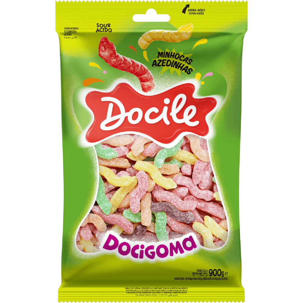 BALA DE GOMA COLORIDA MINHOCAS AZEDINHAS 900G DOCILE - docesvaz