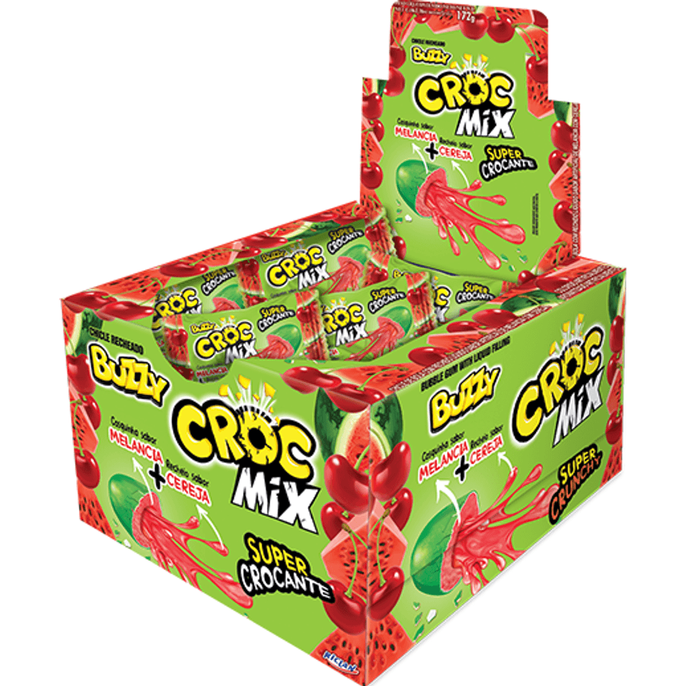CHICLE BUZZY CROC C/40 UNIDADES MELANCIA E CEREJA RICLAN - docesvaz