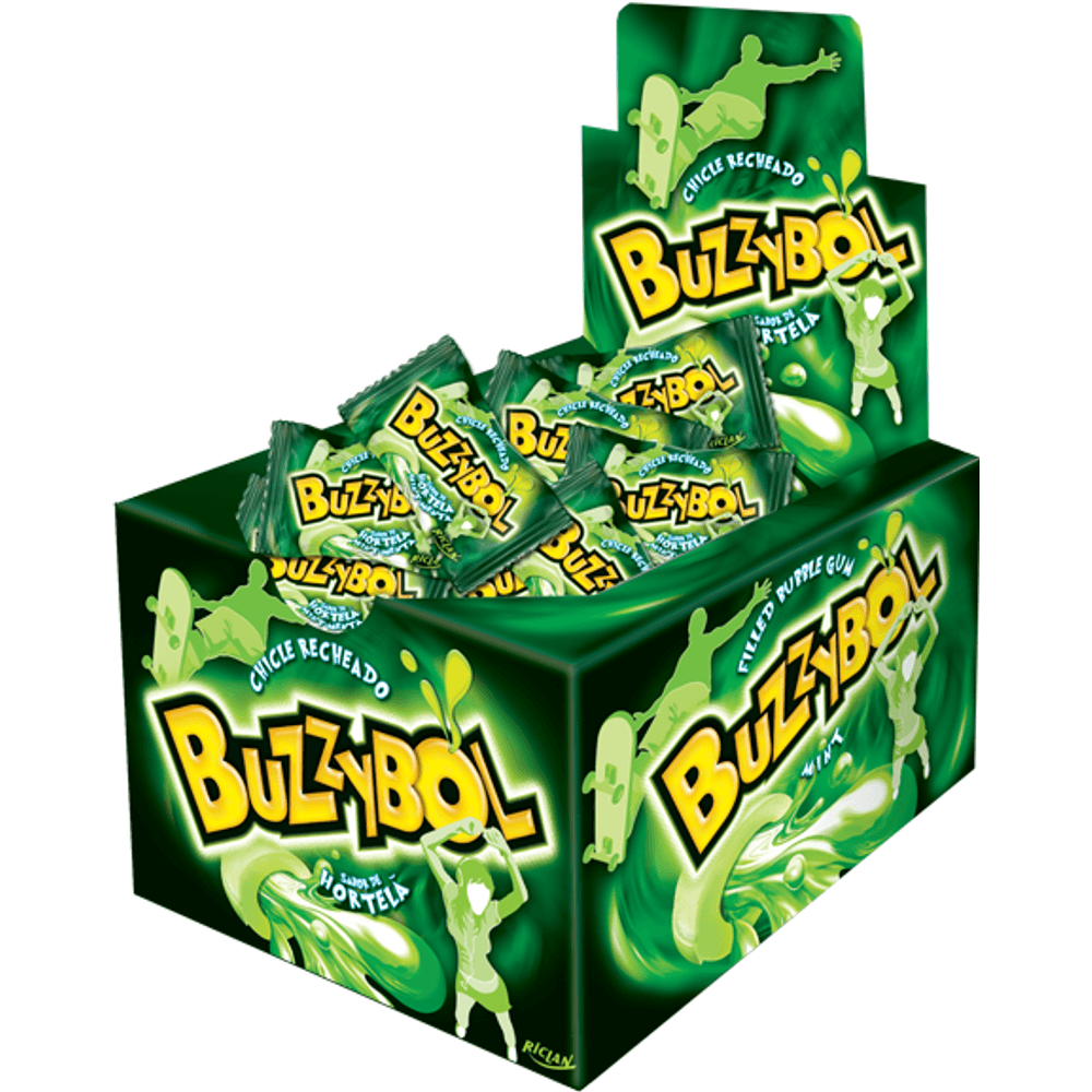 CHICLE BUZZYBOL RECHEADO C/40 UNIDADES HORTELA RICLAN - docesvaz