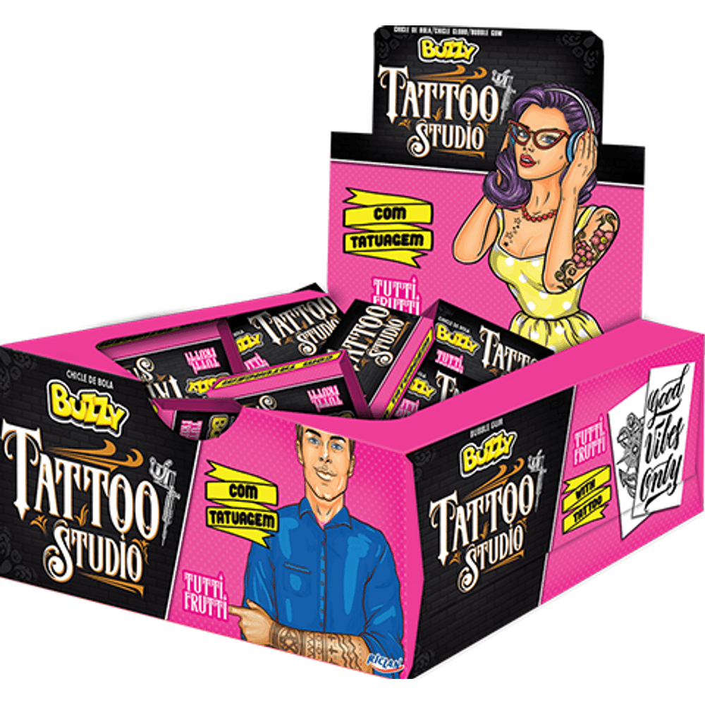 CHICLE BUZZY TATTOO TRIBAL C/100 TUTTI FRUTTI RICLAN - docesvaz