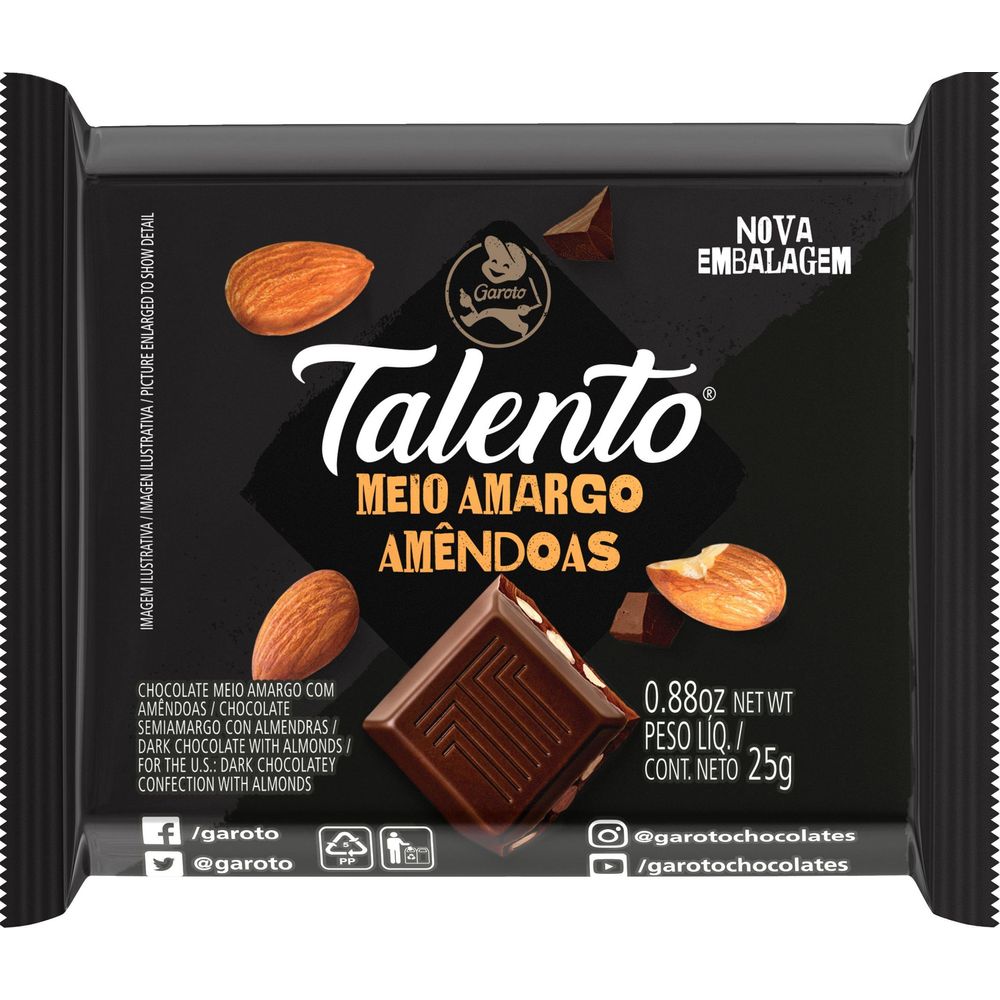 CHOCOLATE TALENTO MEIO AMARGO AMENDOAS CONTEM 15 UNIDADES DE 25G CADA ...