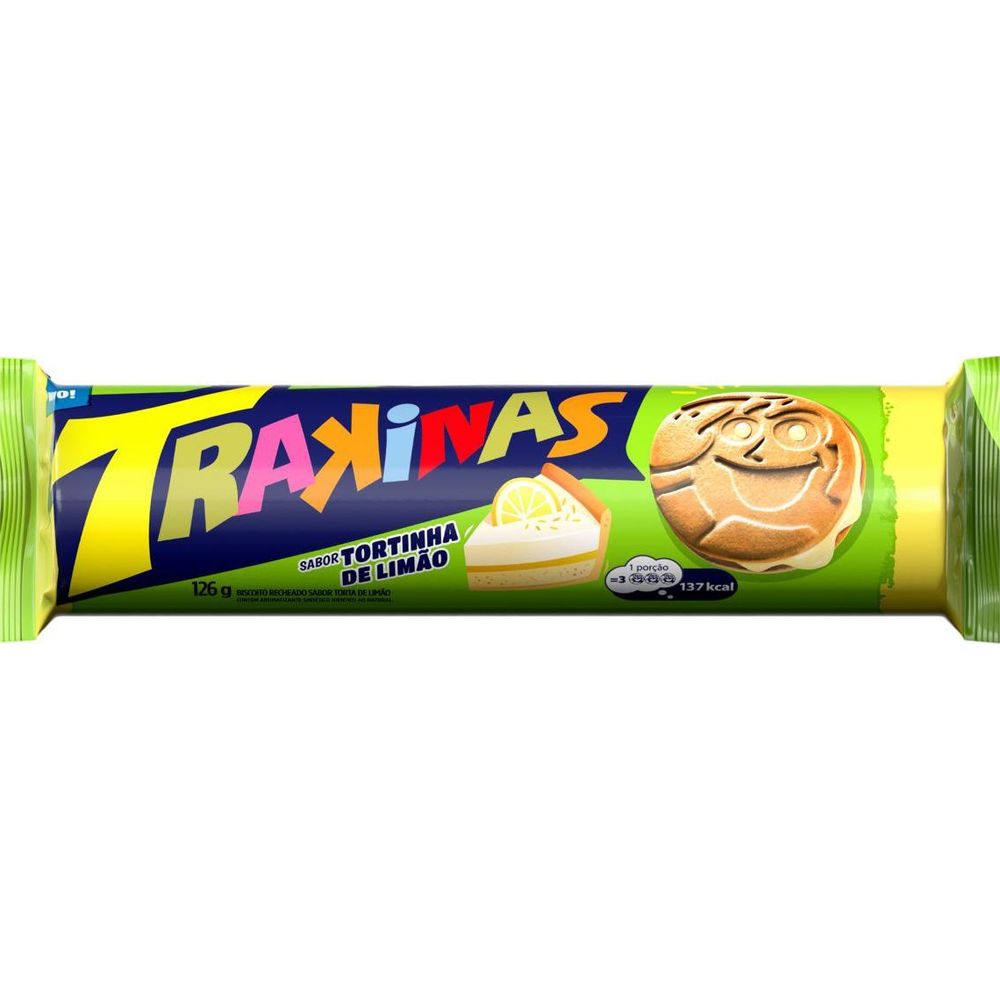 BISCOITO TRAKINAS RECHEADO SABOR TORTA DE LIMAO 126G - docesvaz